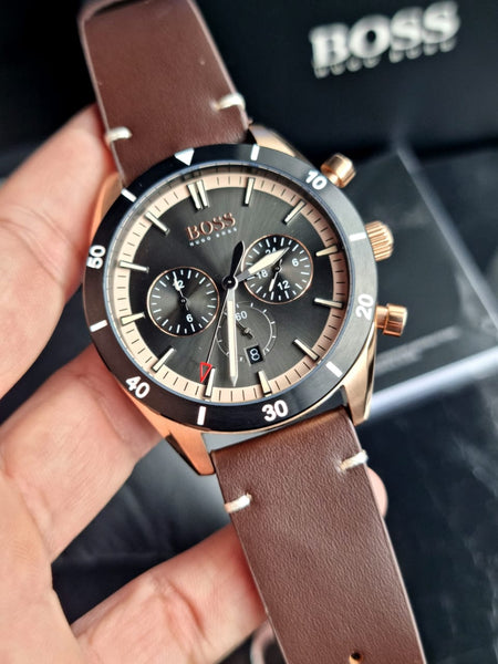 Hugo Boss Men’s Chronograph Quartz Brown Leather Strap Grey Dial 44mm