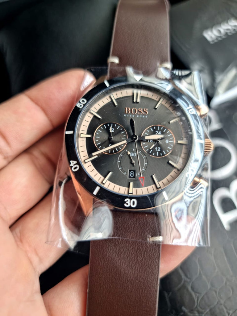 Hugo Boss Men’s Chronograph Quartz Brown Leather Strap Grey Dial 44mm